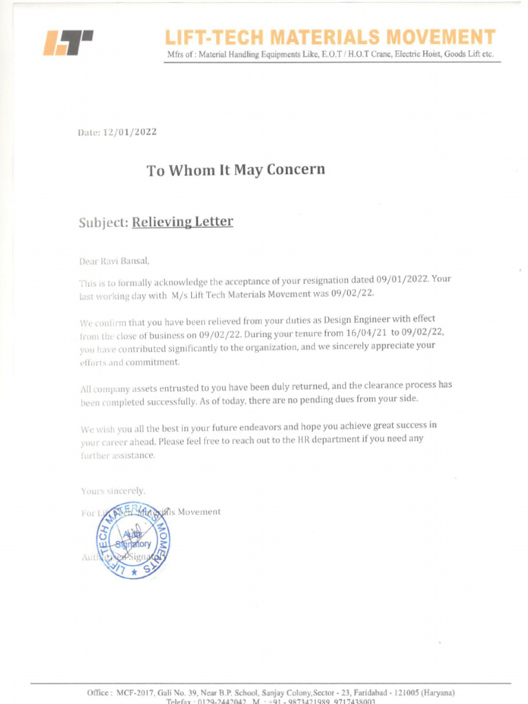 Releaving Letter | PDF