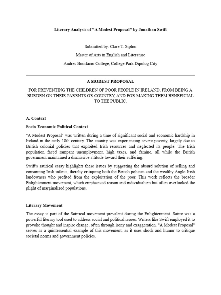Clare Siplon's Literary Analysis of A Modest Proposal by Jonathan Swift ...