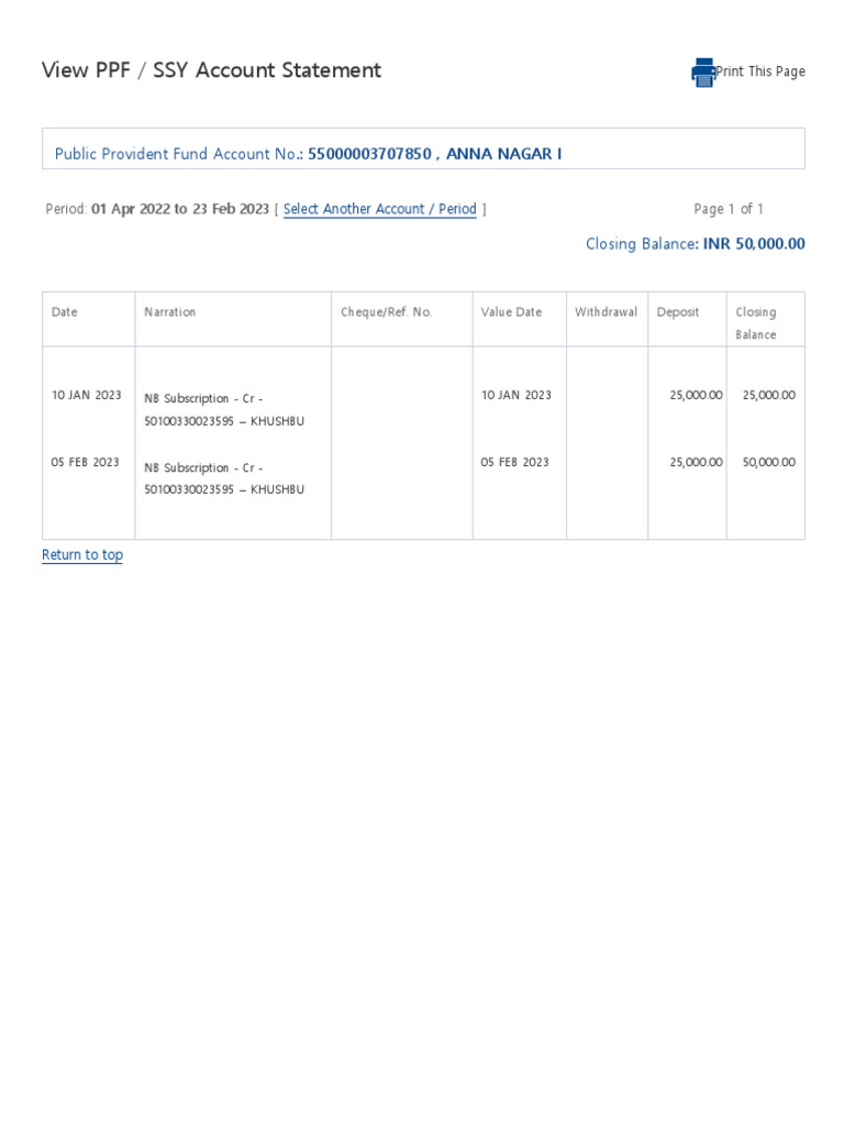 View PPF / SSY Account Statement: Public Provident Fund Account No. | PDF