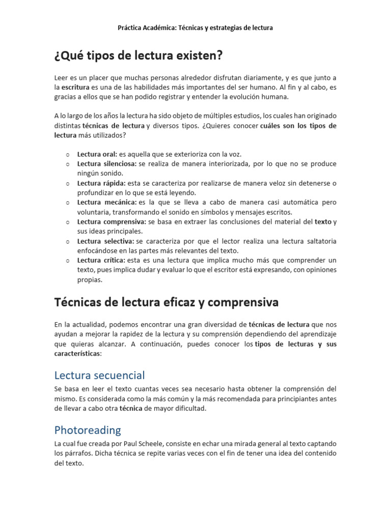 Técnicas y Estrategias de Lectura Eficaz | PDF | Comprensión lectora ...
