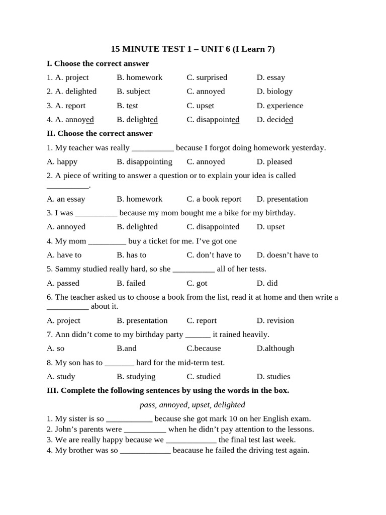 15 MINUTE TEST 1 U6 (I Learn 7) | PDF