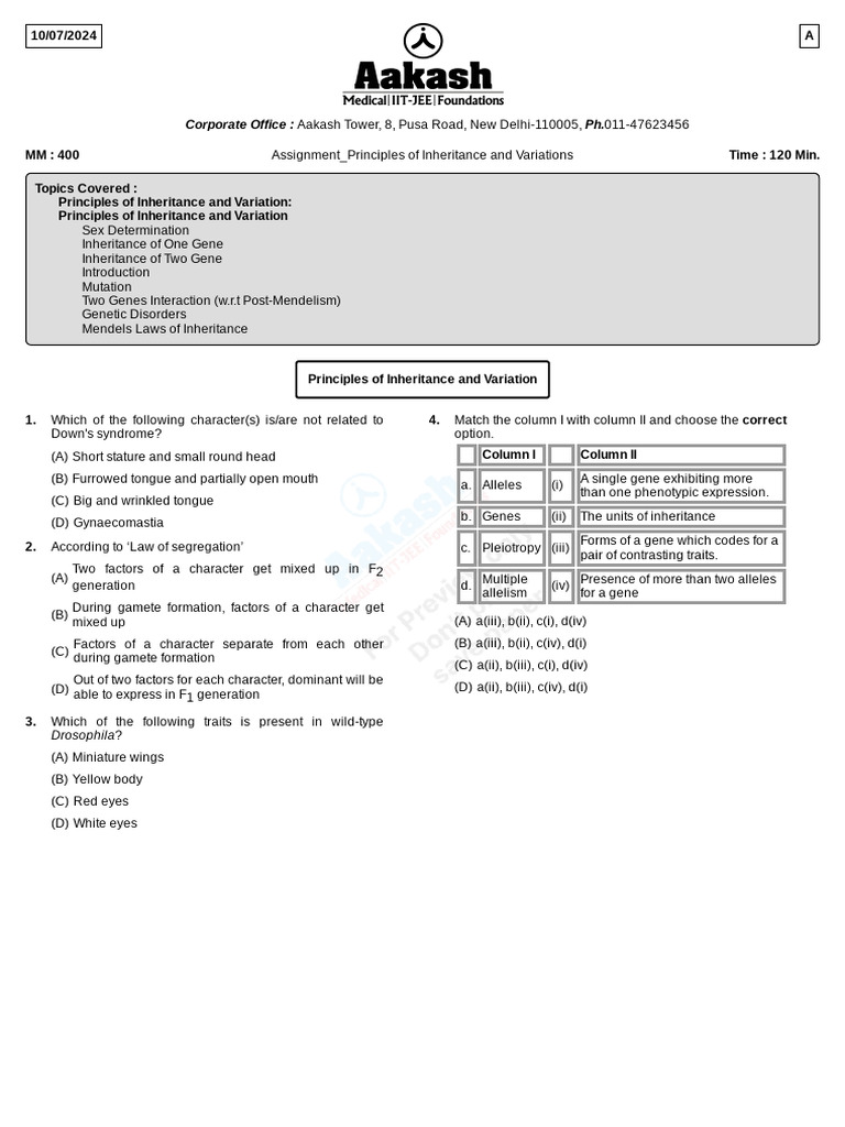 Assignment - Principles of Inheritance and Variations 1720094484369 | PDF | Dominance (Genetics ...