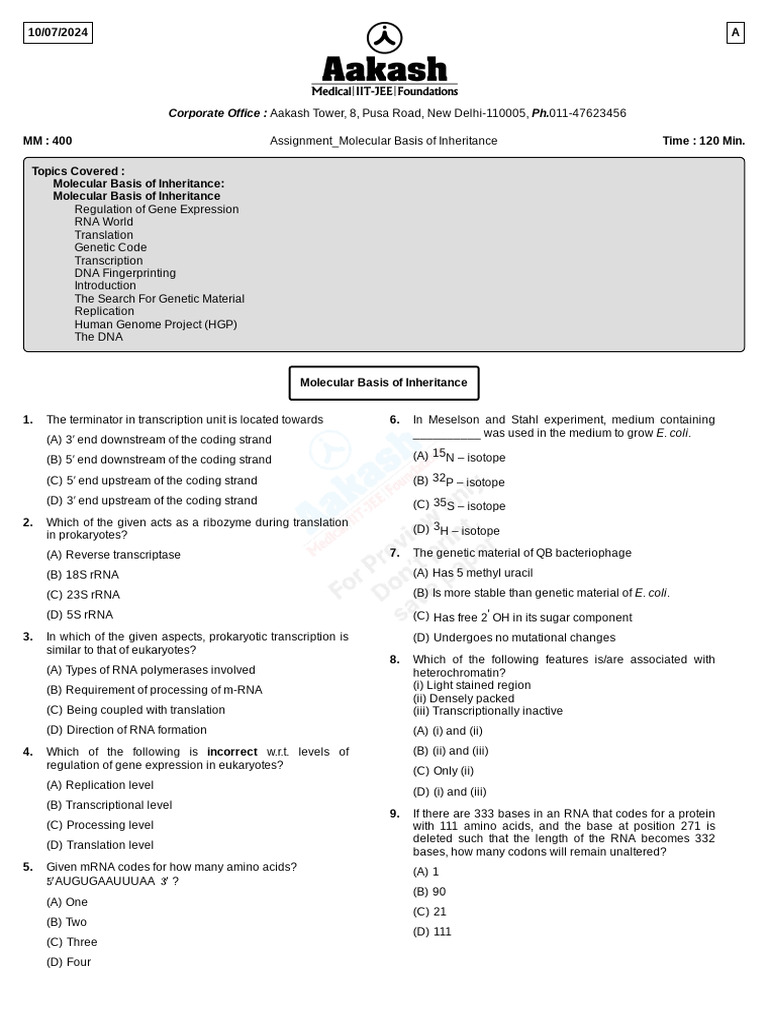 Molecular Basis of Inheritance | PDF | Dna | Gene