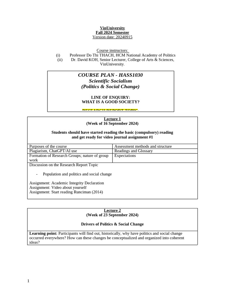 2024 Course Plan 20240915 | PDF | Vietnam | Singapore