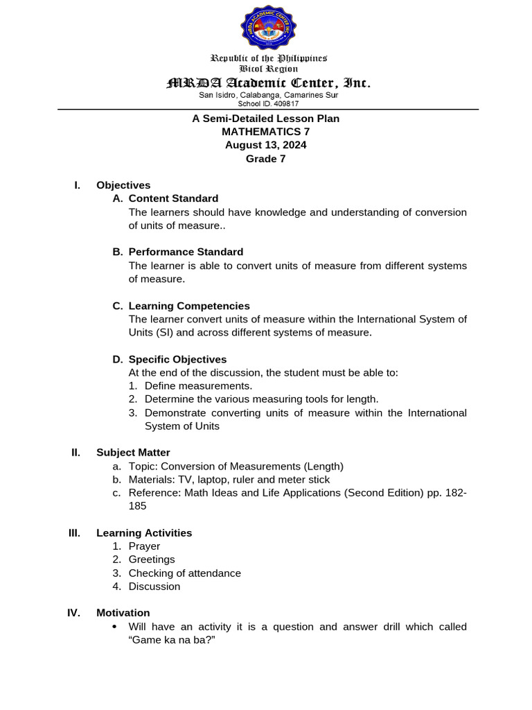 Semi-Detailed Lesson Plan in Math 7 Conversion of Measure | PDF ...