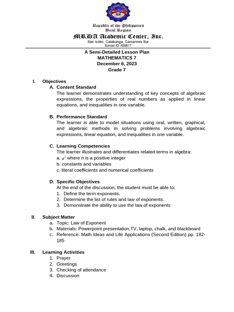 Grade 7 Lesson Plan: Laws of Exponents | PDF | Equations | Algebra