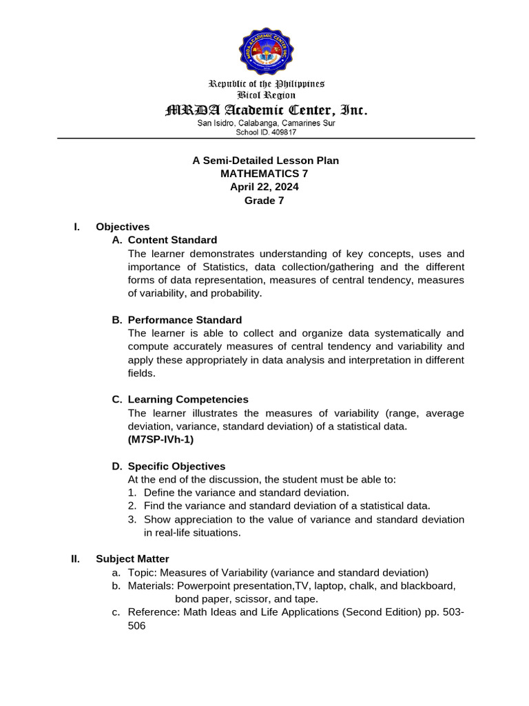 Semi-Detailed Lesson Plan in Math 7 Range, Average of Deviation ...