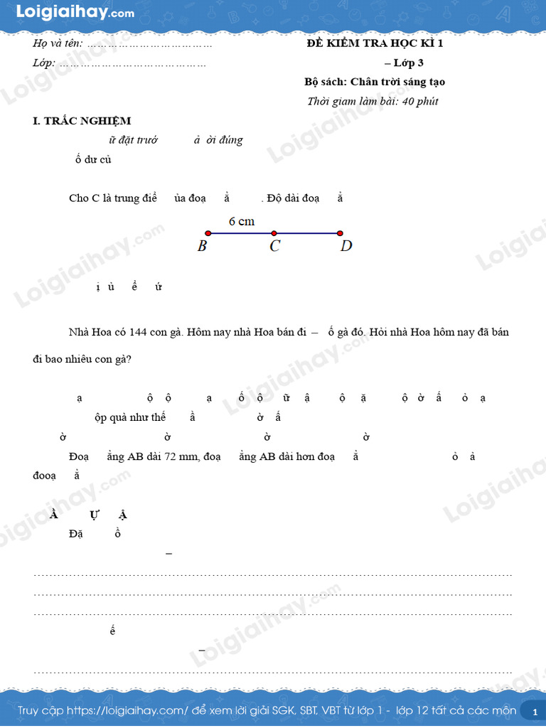 De Kiem Tra Hoc Ki 1 Toan 3 Chan Troi Sang Tao de So 10 | PDF