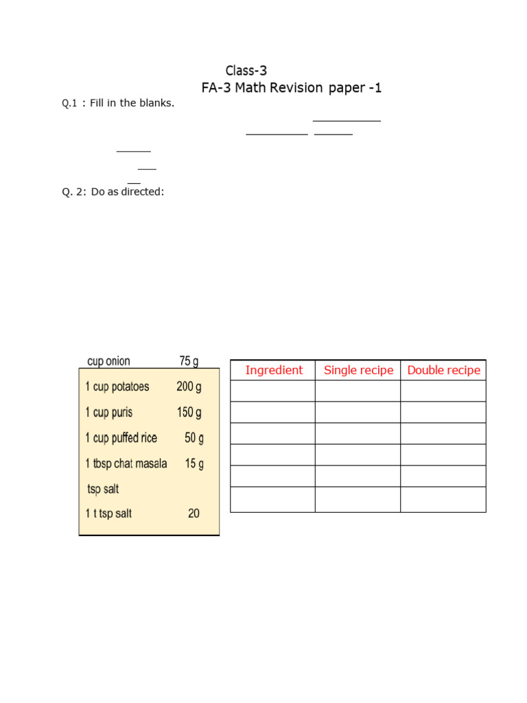 Class-3 FA-3 Math Revision Paper-1 | PDF | Cuisine | Foods