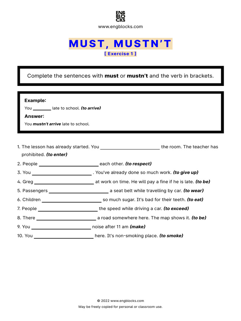 Must or Mustnt With A Verb To Fill in Exercise 2 | PDF