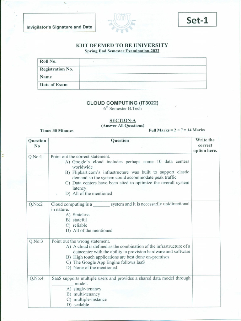 Cloud Computing Question Paper EndSem 2022 KIIT | PDF