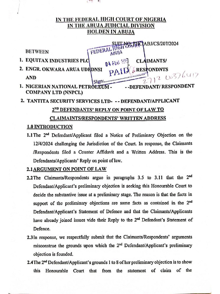 2nd Defendant Reply On Point of Law | PDF