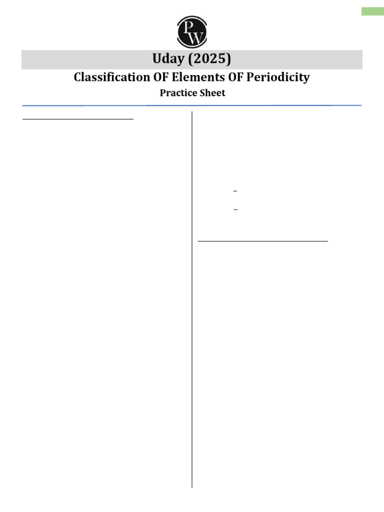 Classification of Elements and Periodicity in Properties Practice | PDF | Periodic Table | Atoms