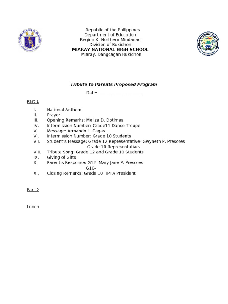 Tribute to Parents Program Outline | PDF