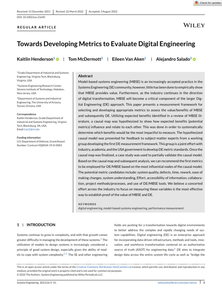 Systems Engineering - 2022 - Henderson - Towards Developing Metrics to ...