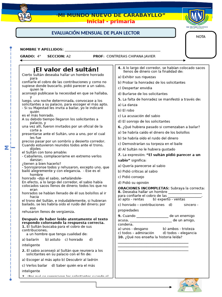 4a2 Examen Bimestral de Plan Lector Junio | PDF