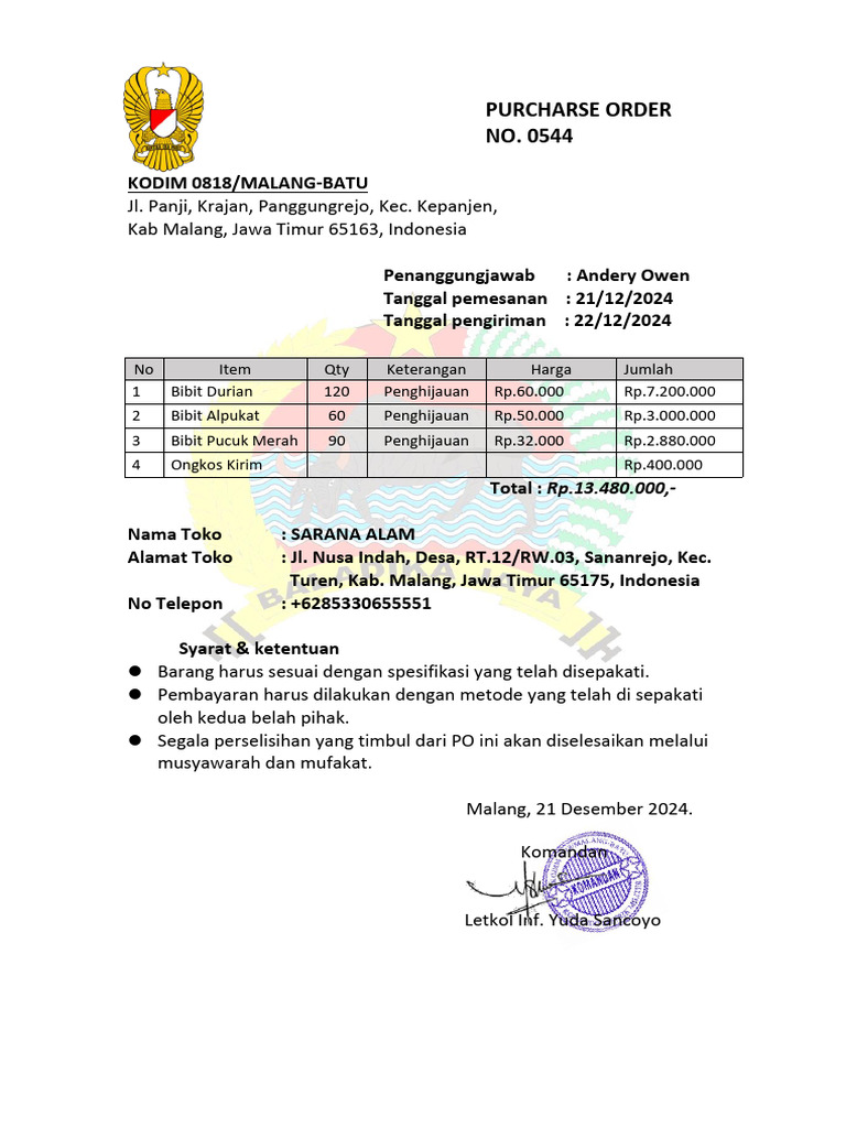 Pesanan Bibit Kodim Malang-Batu | PDF