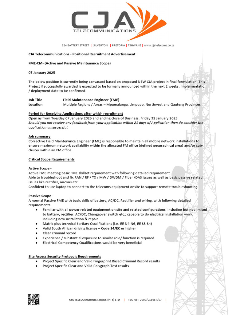 FME Recruitment at CJA Telecommunications | PDF | Telecommunications