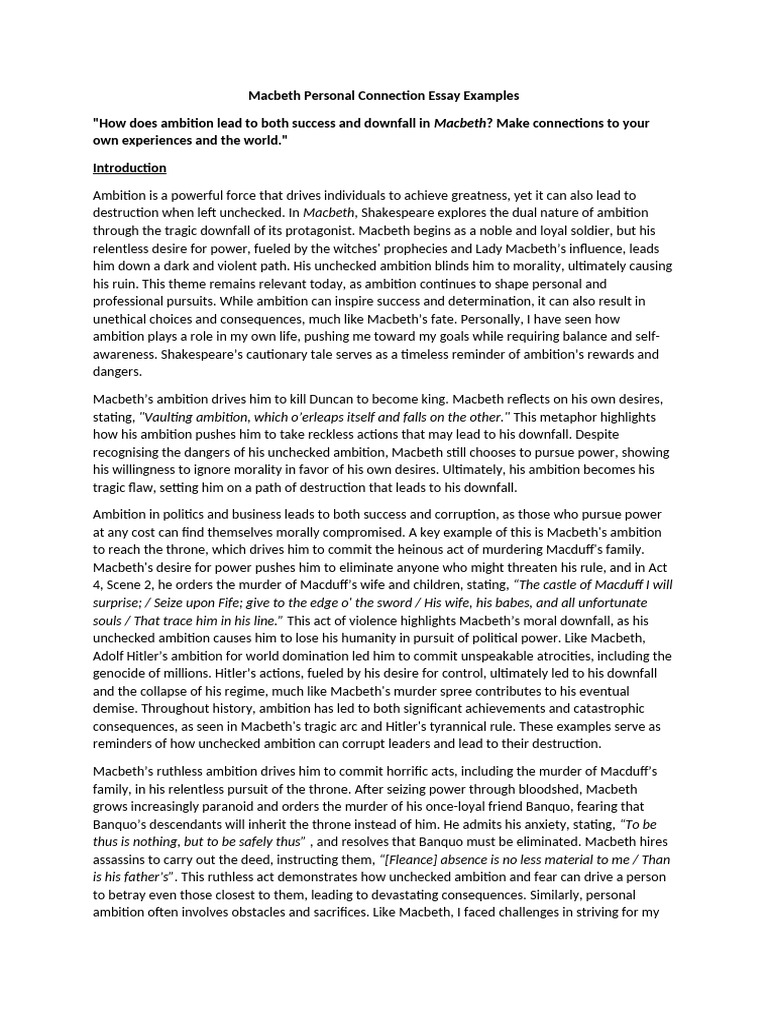 Macbeth Personal Connection Essay Examples | PDF | Macbeth