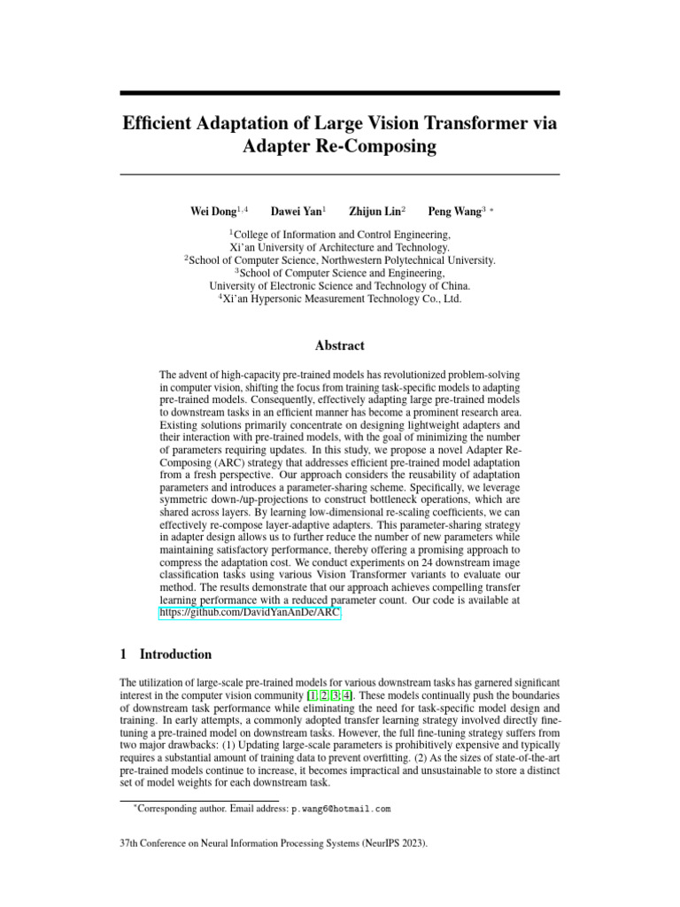 Efficient Adaptation of Large Vision Transformer Via Adapter Re Composing Paper Conference | PDF ...