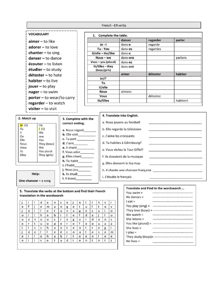 Er Verbs Worksheet | PDF