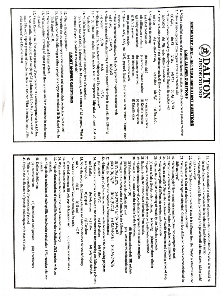 2nd Year Phy&Che Imp Question | PDF