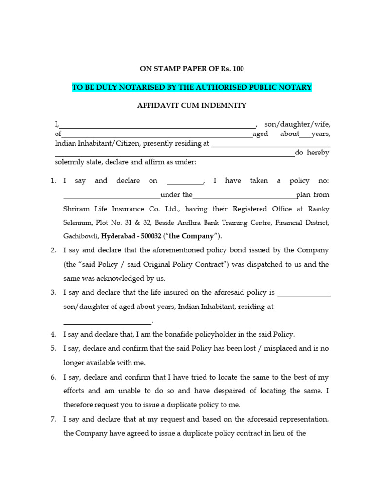 Duplicate Policy Affidavit & Indemnity | PDF | Indemnity | Legal Concepts