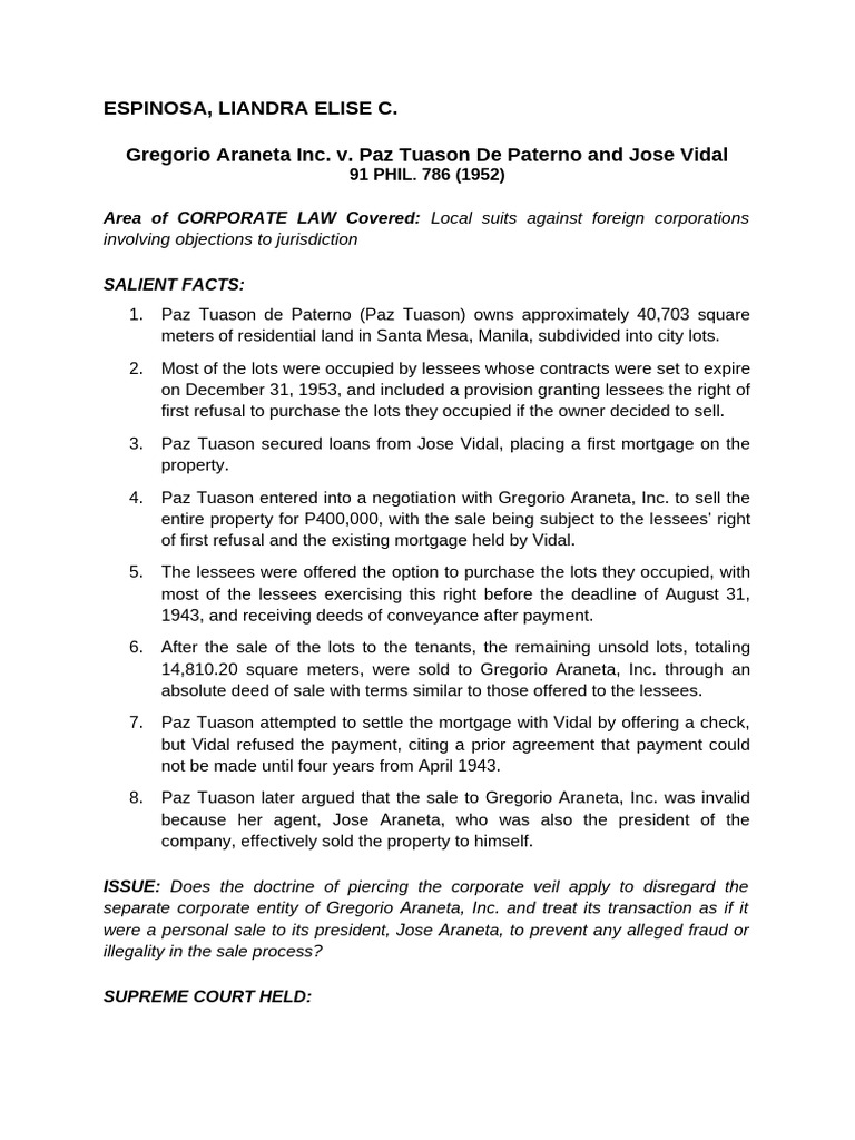 Gregorio Araneta Inc. v. Paz de Paterno | PDF | Fraud | Lease