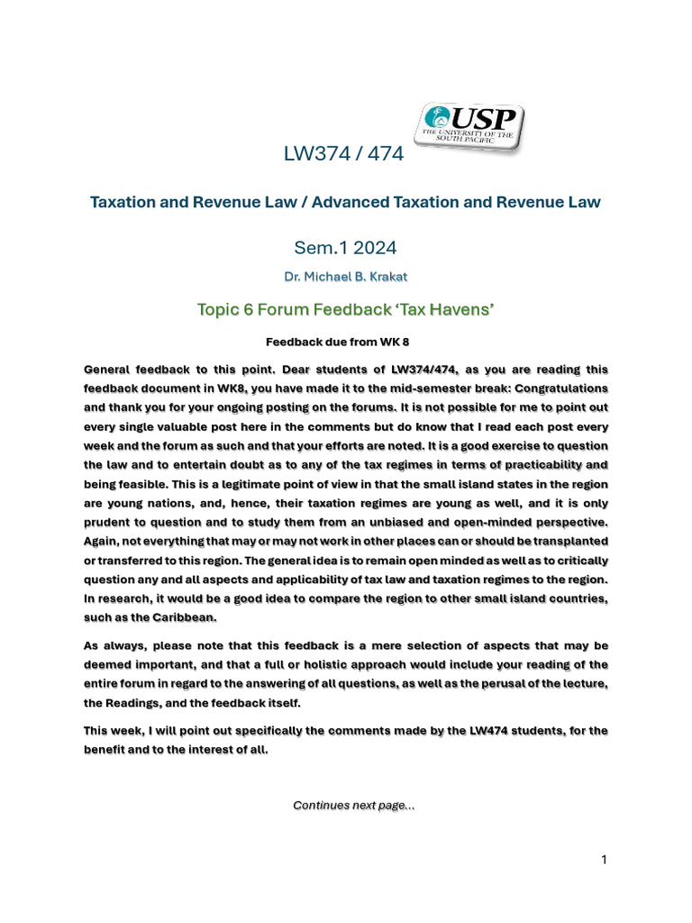 Topic 6 Forum Feedback LW374 474 Sem1 2024 | PDF | Taxes | Tax Haven