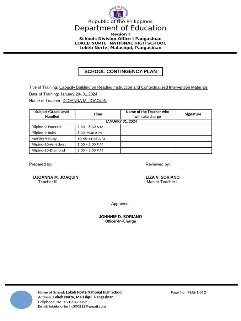School-Contingency-Plan | PDF | Philippines