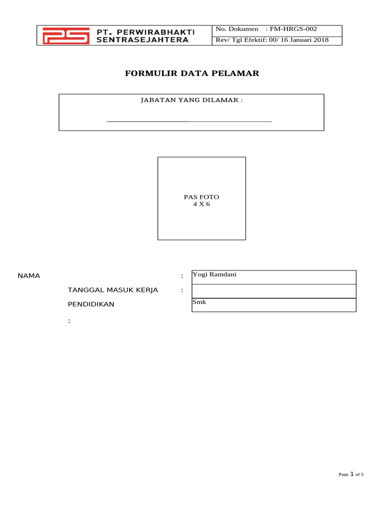 Formulir Data Pelamar Yogi Ramdani | PDF