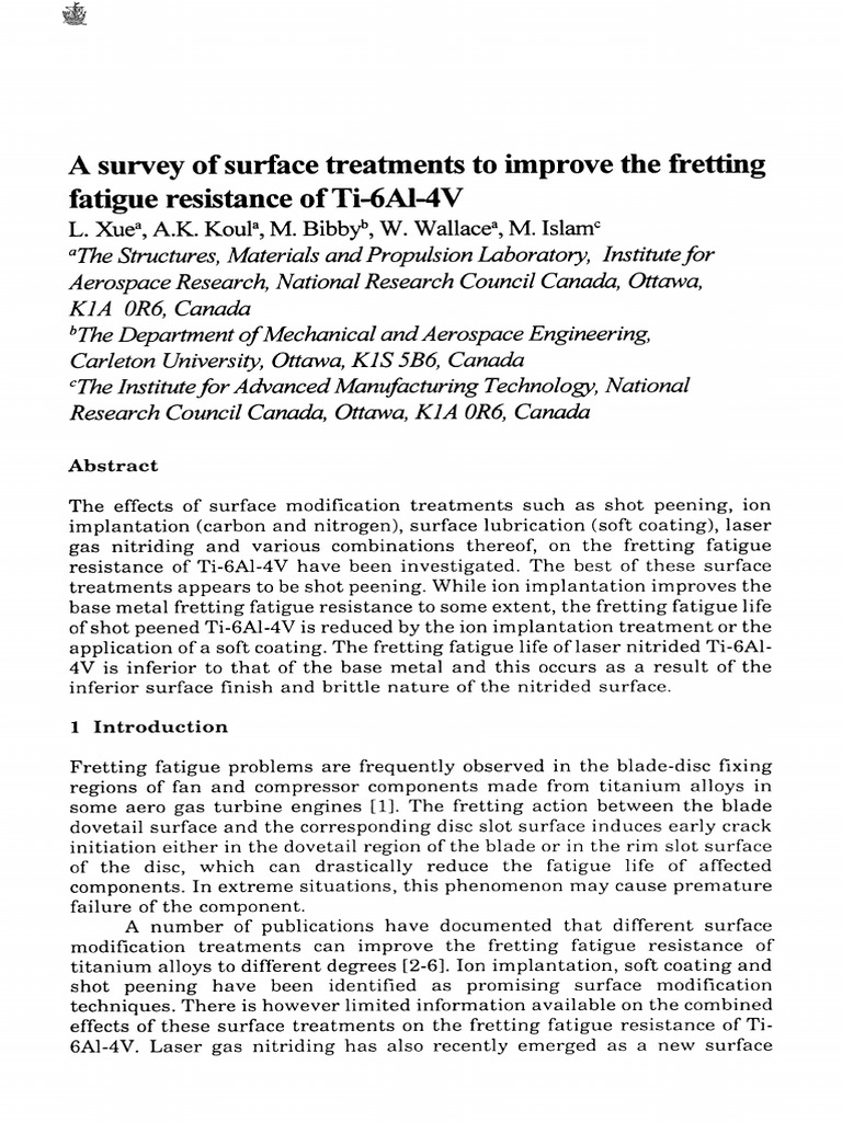 A Survey of Surface Treatments To Improve The Fretting Fatigue ...