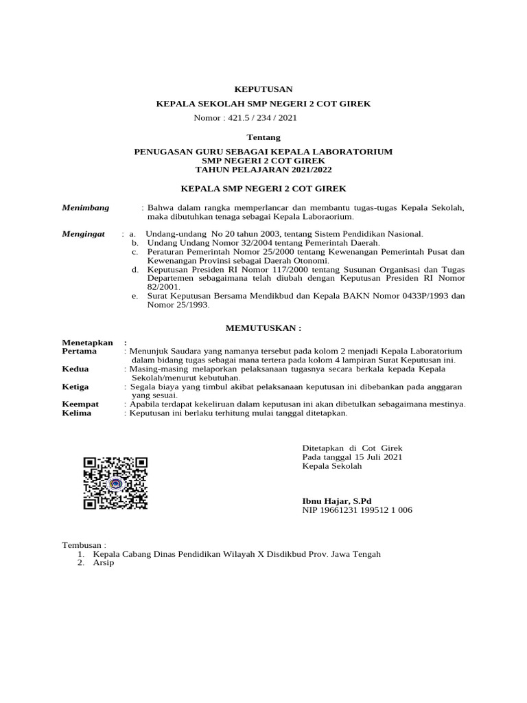 Penugasan Kepala Laboratorium SMP 2021 | PDF