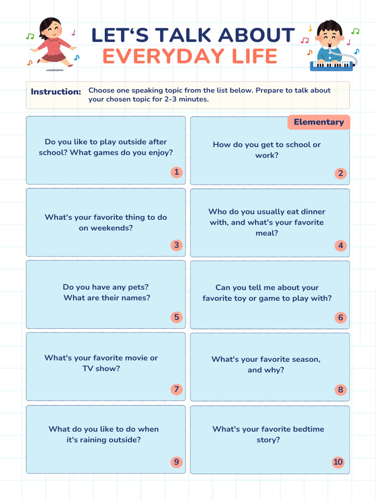Everyday Life Speaking Activity Worksheet Blue in Cute Style | PDF