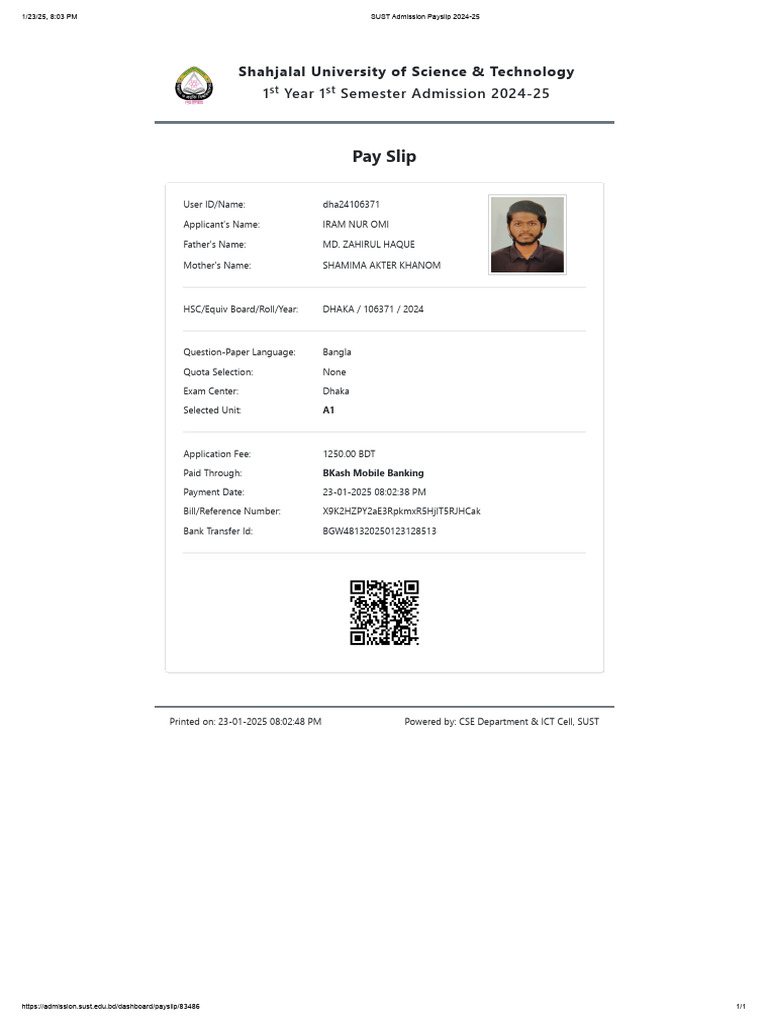 SUST 2024-25 Admission Pay Slip | PDF