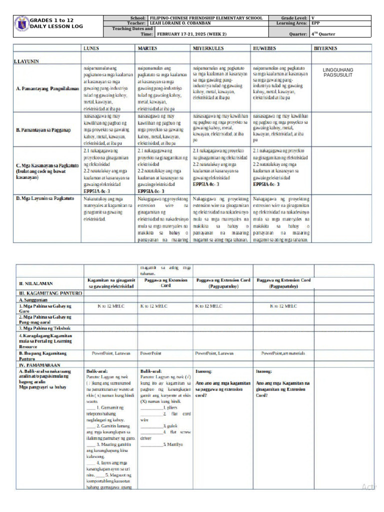 Grade 5 Dll Epp 5 q4 Week 2 | PDF