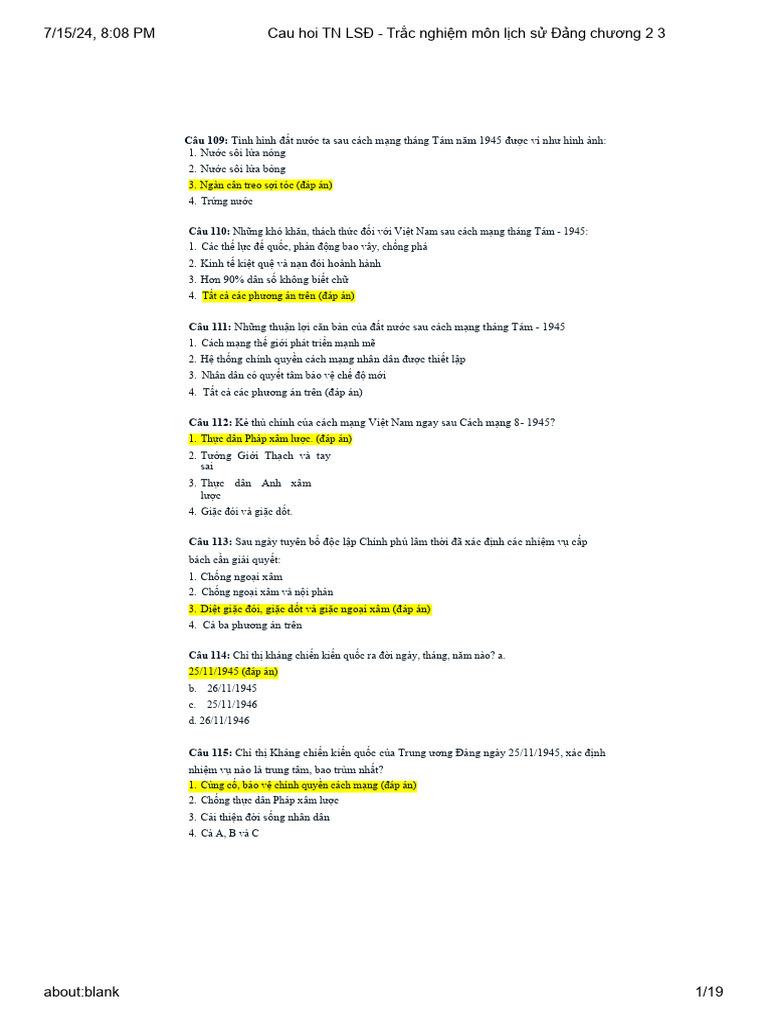 Cau Hoi TN LSĐ - Trắc Nghiệm Môn Lịch Sử Đảng Chương 2 3 | PDF