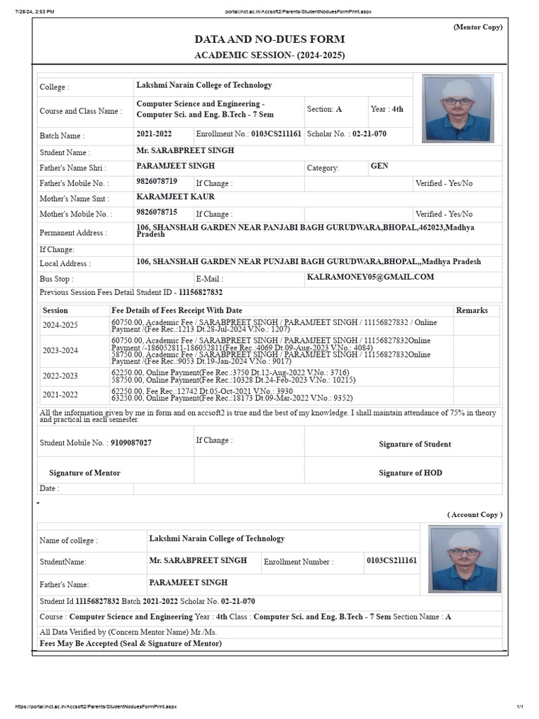 7th Sem Data and No Dues Form | PDF | Services (Economics) | Payments