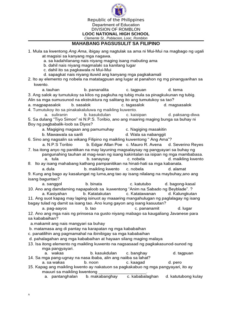 MAHABANG PAGSUSULIT SA FILIPINO A | PDF