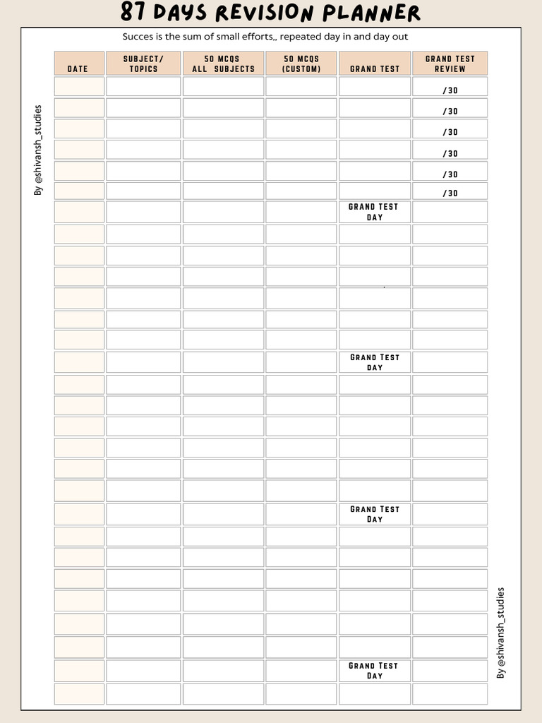 87 Days Revision Planner 2025 25 02 04 44 46 | PDF