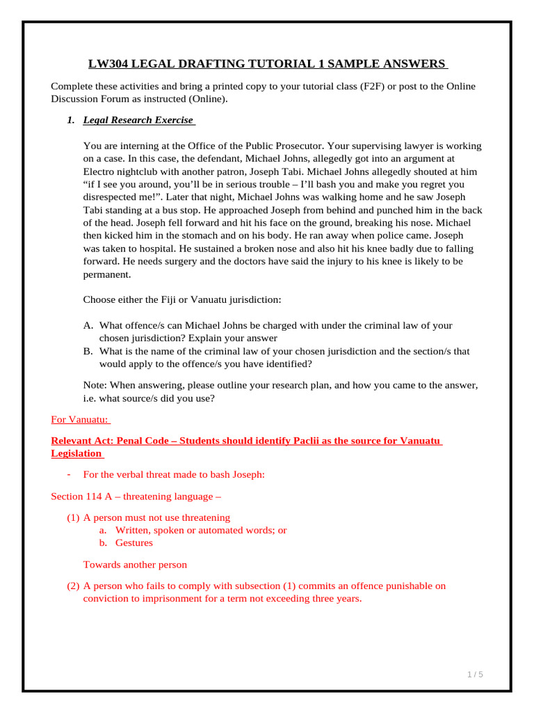 LW304 Legal Drafting Sample Answers | PDF | Assault | Crimes