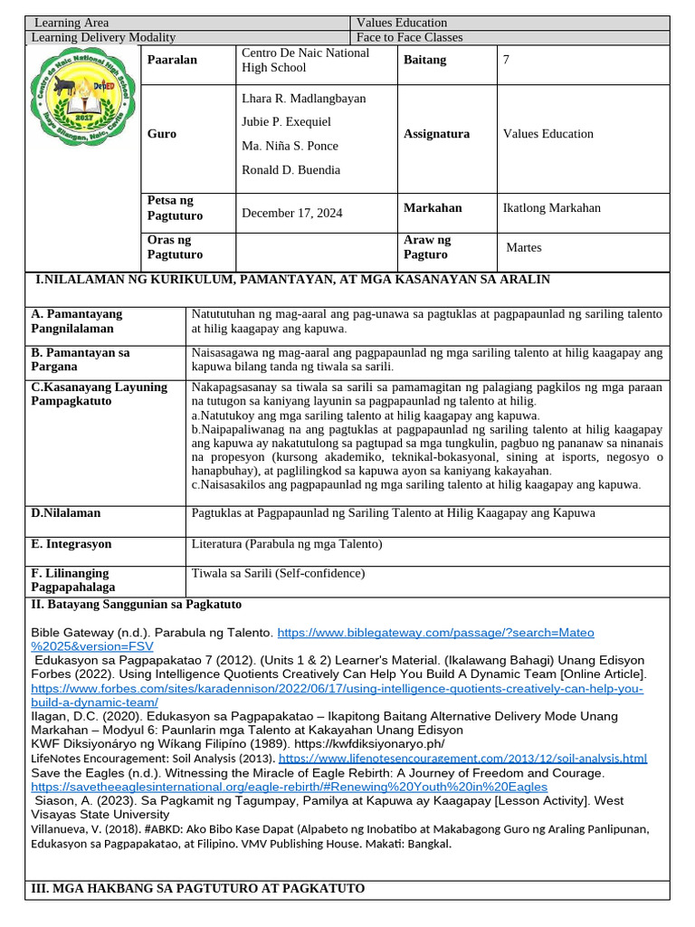 DLP Values Education 7 Q3 W2 D2 | PDF