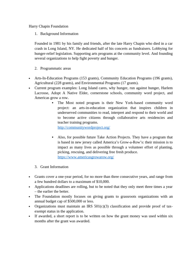 Harry Chapin Foundation Notes | PDF