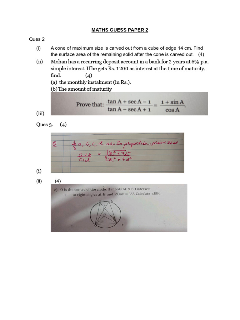 Maths Guess Paper 2 Solutions | PDF | Circle | Angle