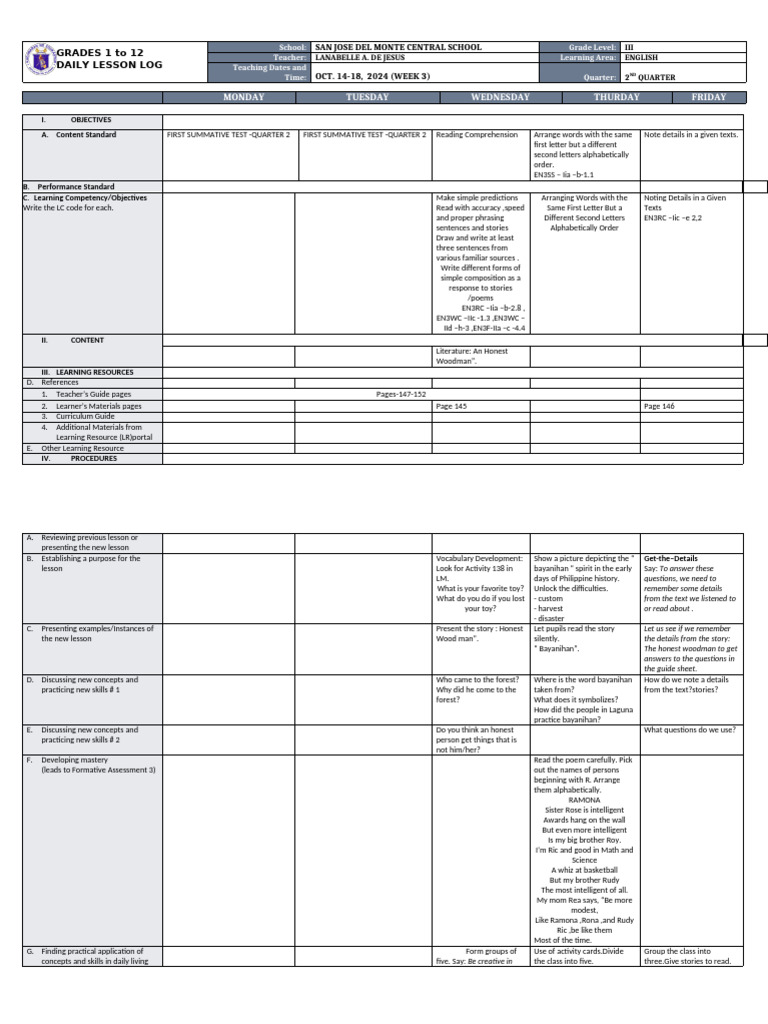 DLL English 3 q2 w3 Final | PDF | Reading Comprehension | Learning