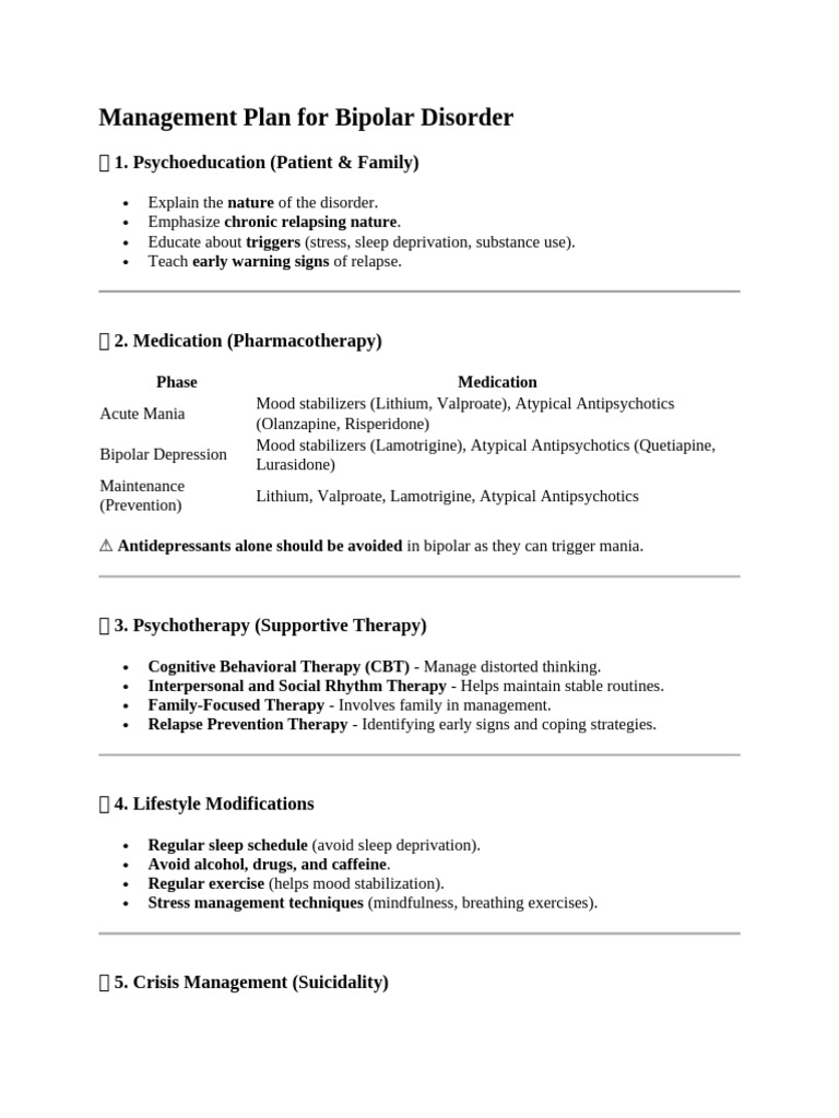Management Plan For Bipolar Disorder | PDF