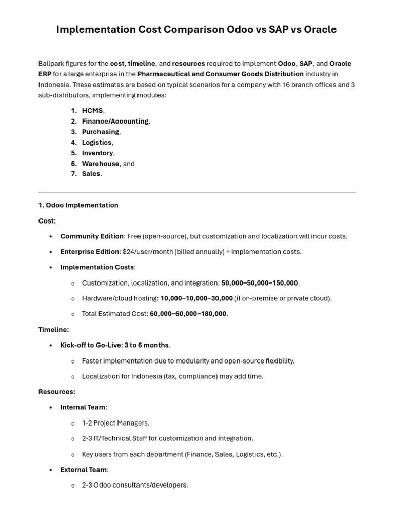 Implementation Cost Comparison Odoo Vs SAP Vs Oracle | PDF | Cloud ...