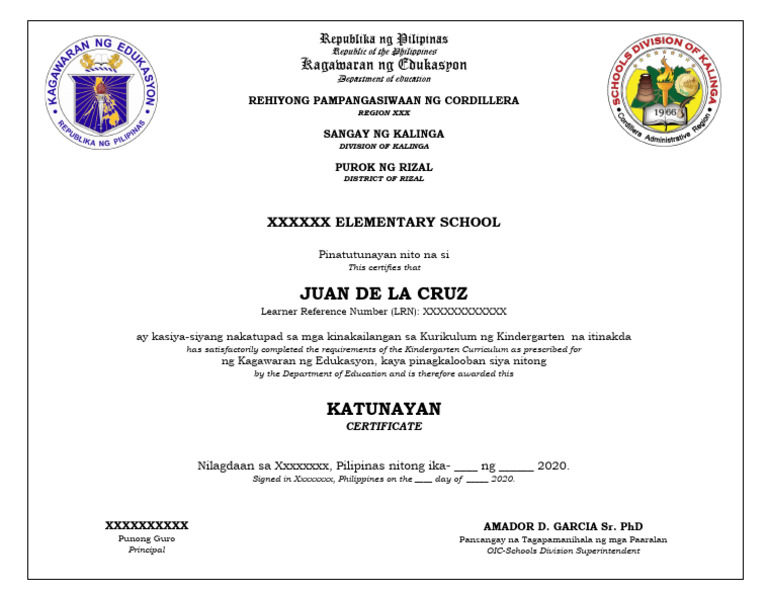 Katunayan Certificate for Kindergarten Completion | PDF