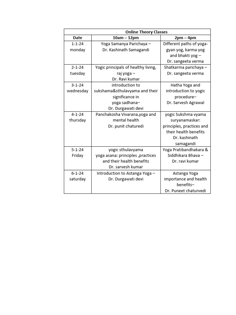 Online Yoga Theory Classes Schedule | PDF