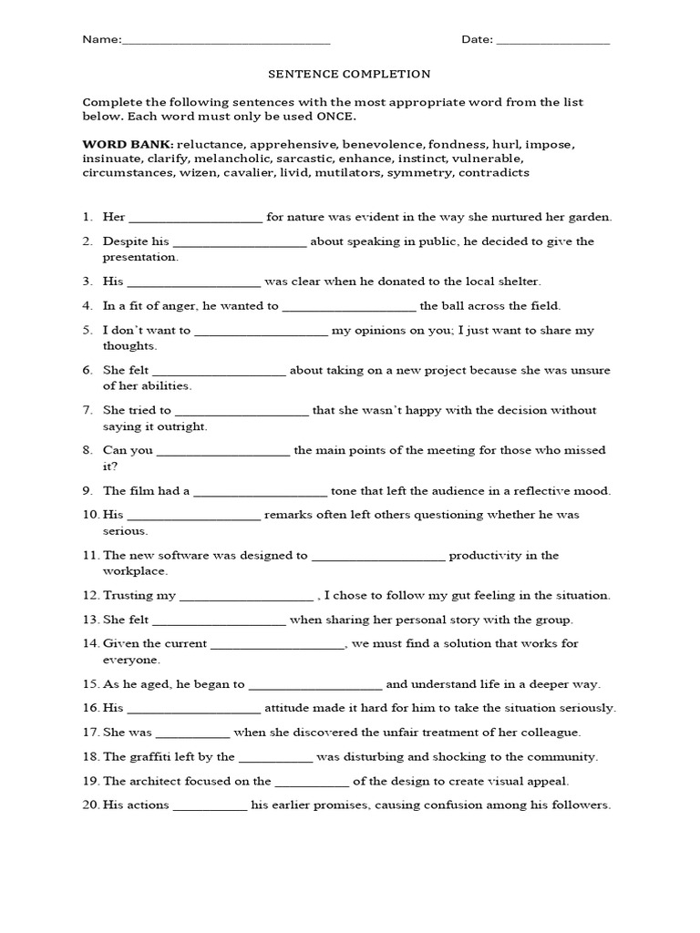 Sentence Completion Exercise Worksheet | PDF